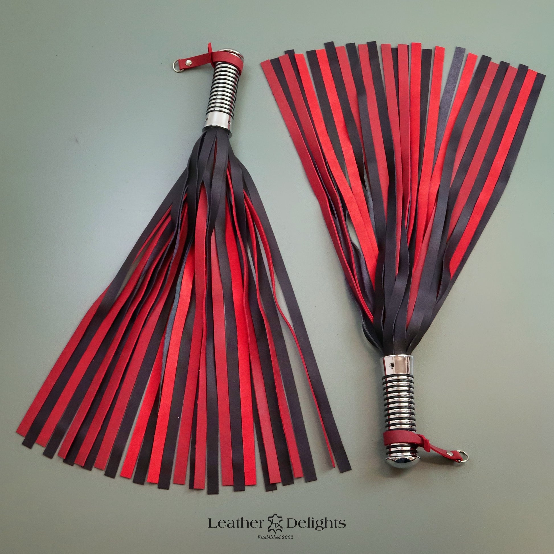 Pair of Black & Red Leather Floggers with Chrome Handle – Leather Delights
